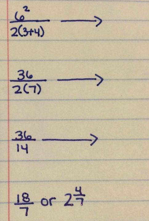 SOLUTION: 6 to 2nd power divided by 2 parents 3 plus 4